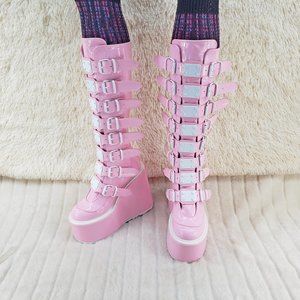 Demonia | Shoes | Pink Hologram Knee High Festival Platform Boots ...